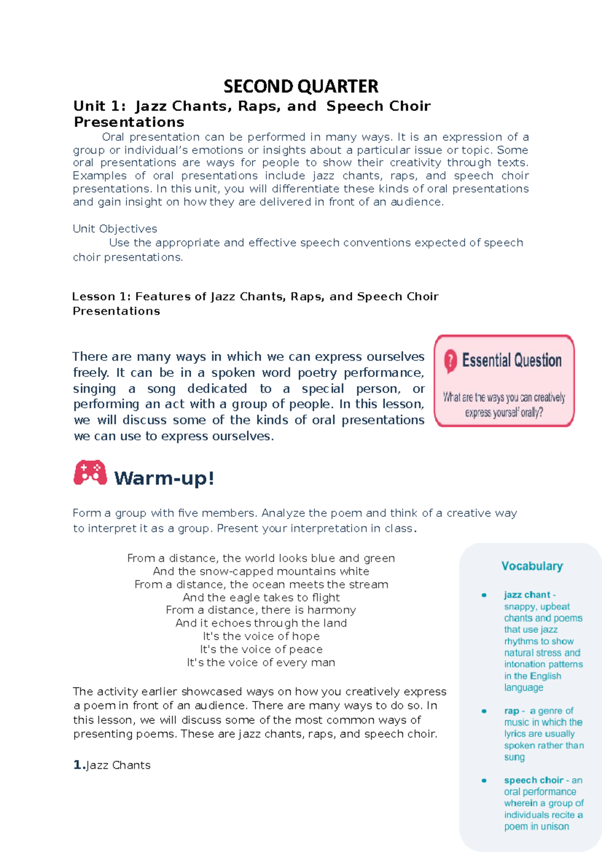 Second Quarter Englsh Handout - SECOND QUARTER Unit 1: Jazz Chants ...