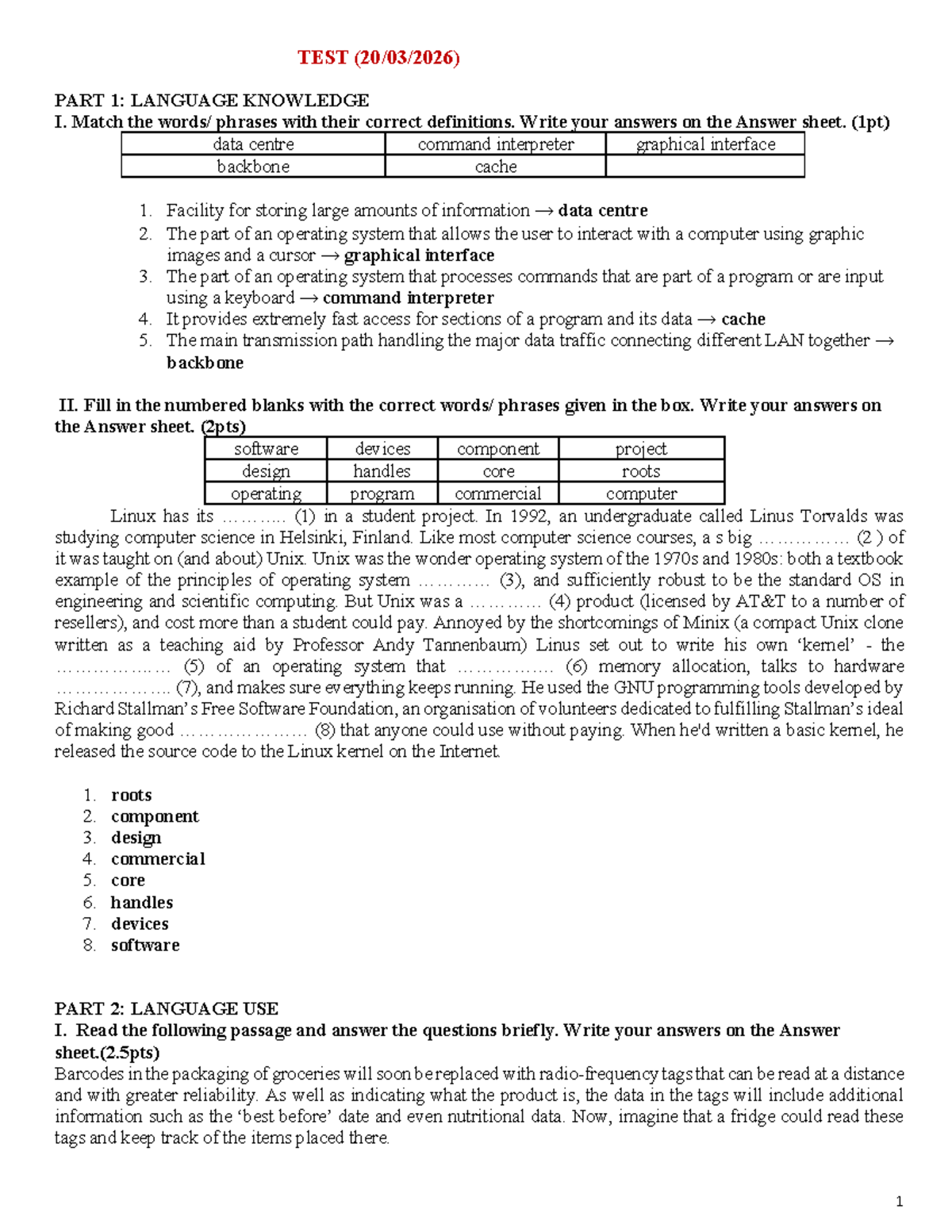 TEST PART 1 & 2: LANGUAGE KNOWLEDGE & USE (030239230169) - Studocu