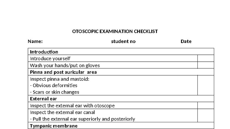 OTOSCOPIC EXAMINATION CHECKLIST - Clinical Skills Guide - Studocu