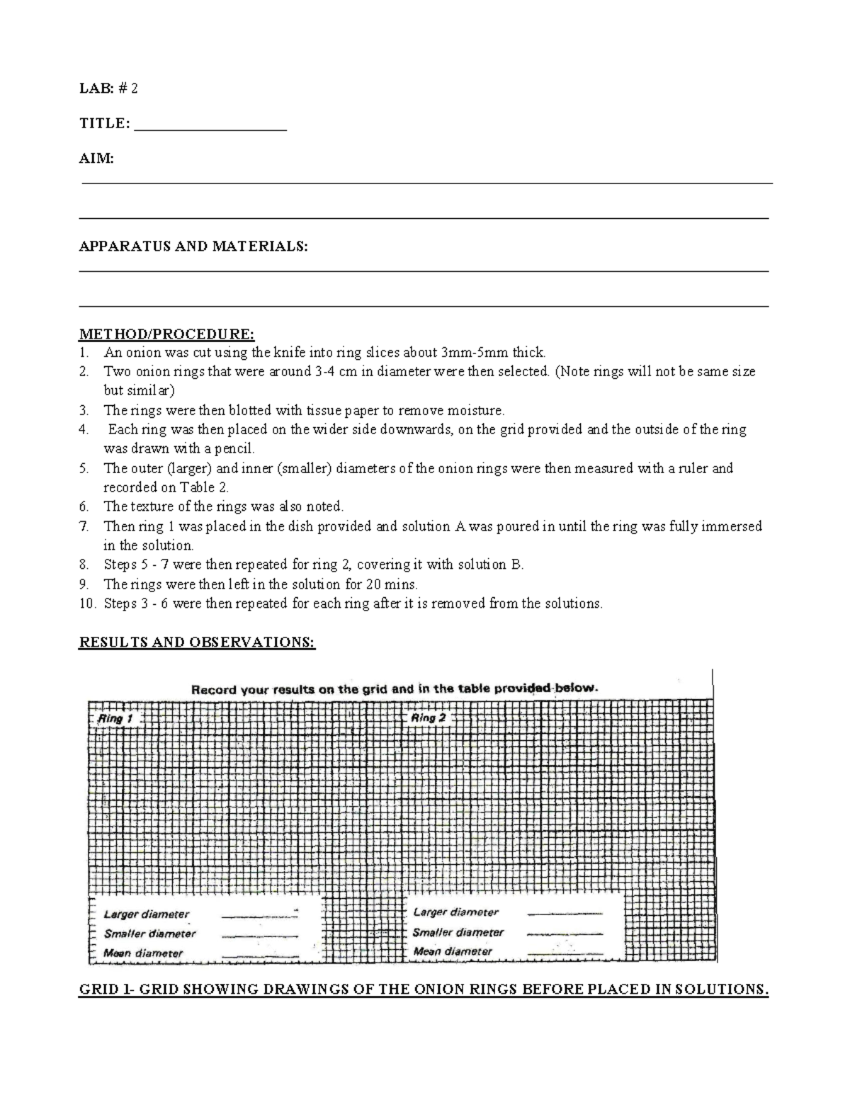 LAB 2: Investigating Osmosis in Onion Tissue - Experiment Notes - Studocu