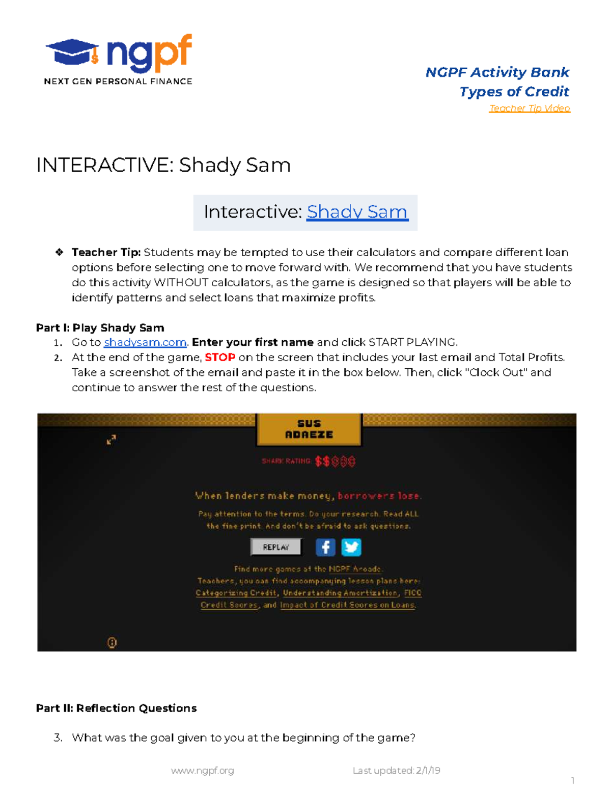 NGPF Activity Bank: Interactive Shady Sam Teacher Tips & Reflections ...