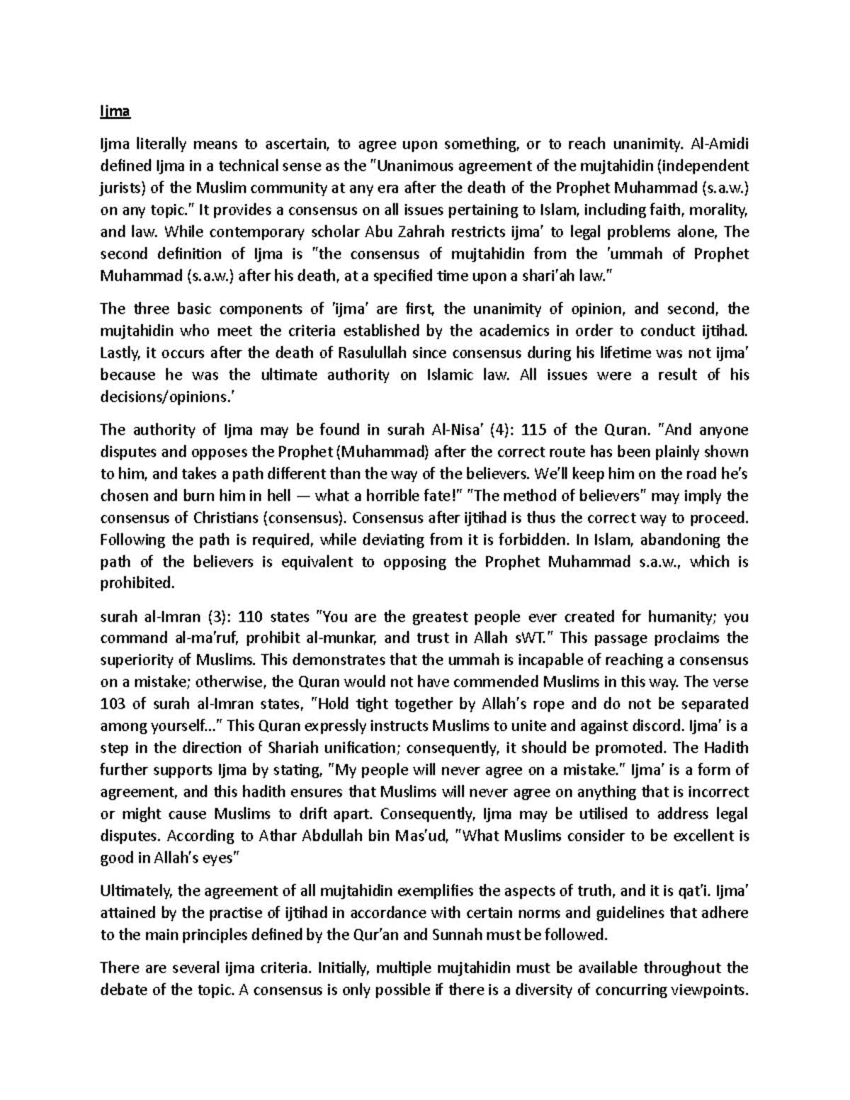 IJMA, Qiyas, Istihsan, and Istishab: Key Islamic Legal Concepts - Studocu
