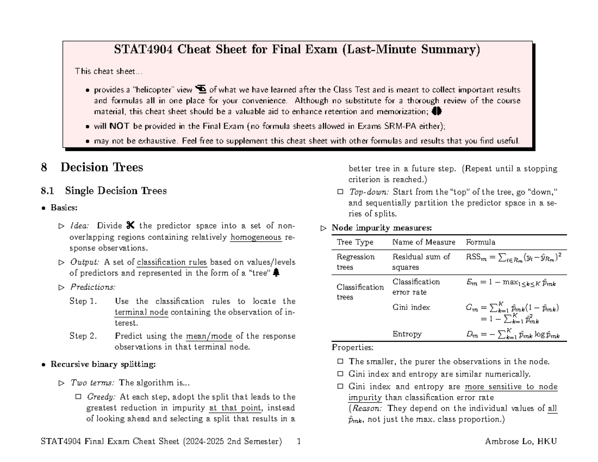 STAT4904 Final Exam Cheat Sheet Summary for 2nd Semester - Studocu
