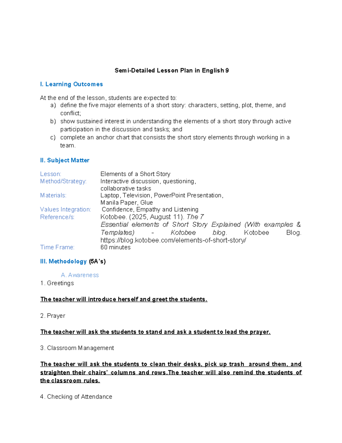 English 9 Lesson Plan: Understanding Elements of a Short Story - Studocu