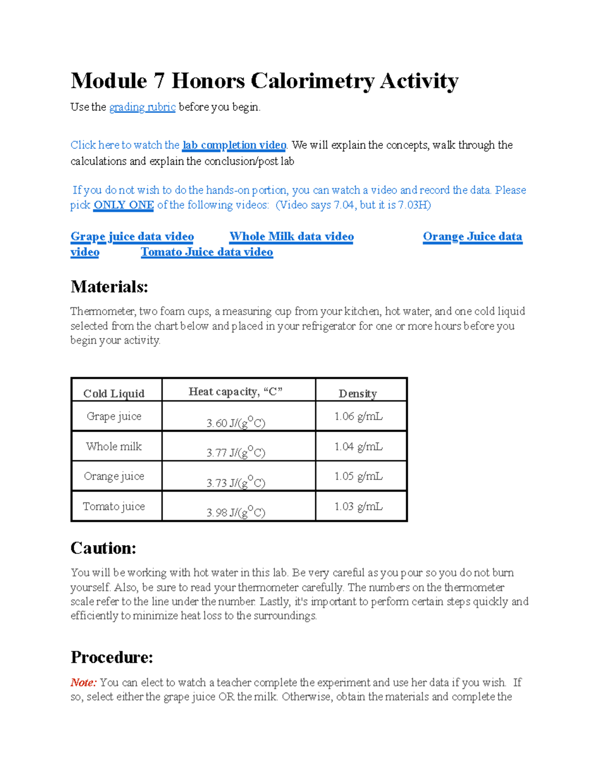 7.03H Honors Calorimetry Lab Activity and Data Analysis - Studocu