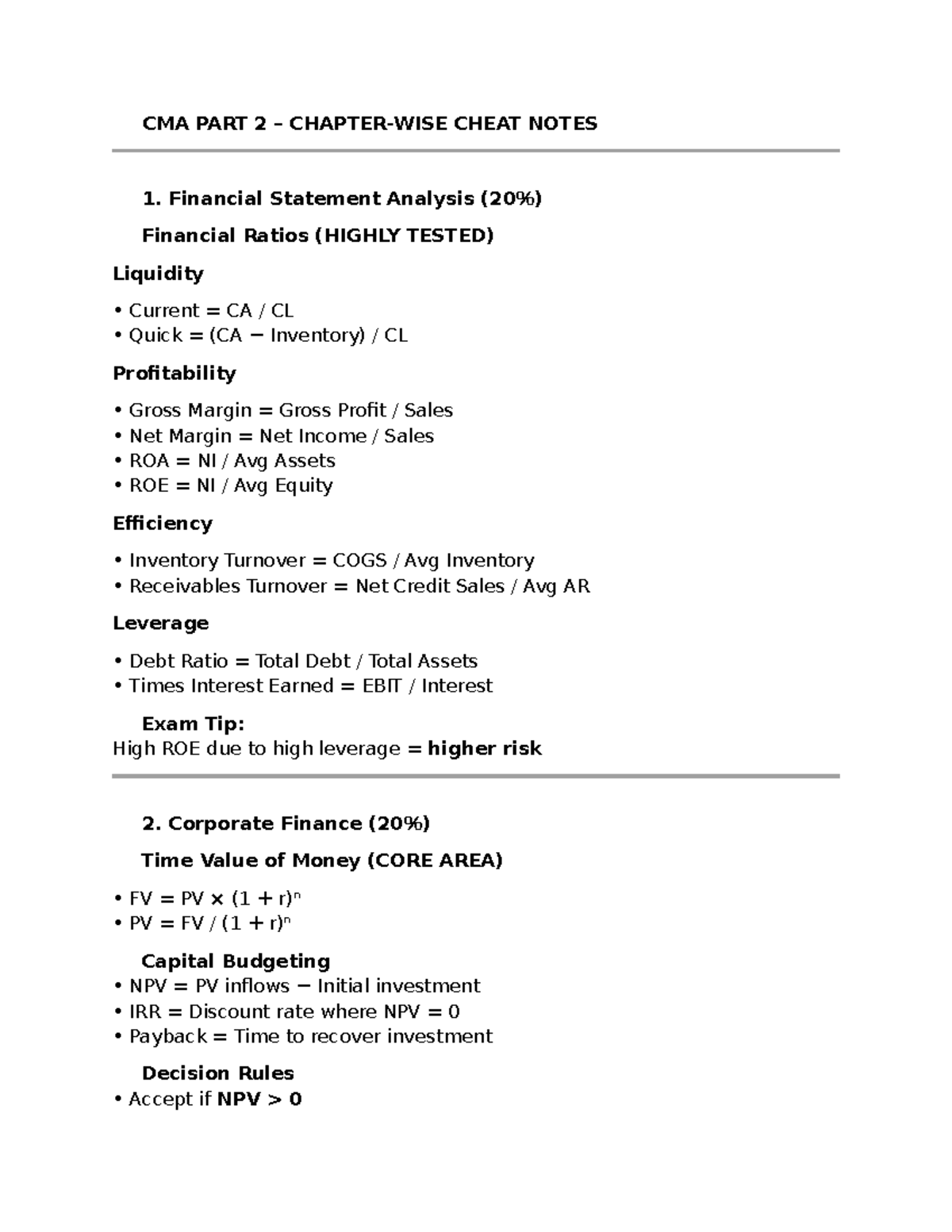 CMA PART 2 Final Exam Study Notes: Key Concepts & Tips - Studocu