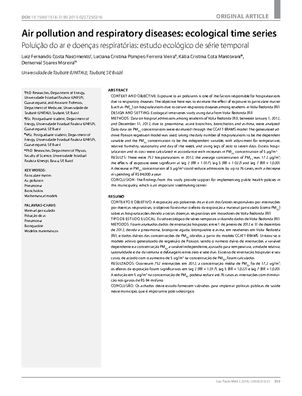 Air pollution and respiratory diseases. ecological time series - DOI ...