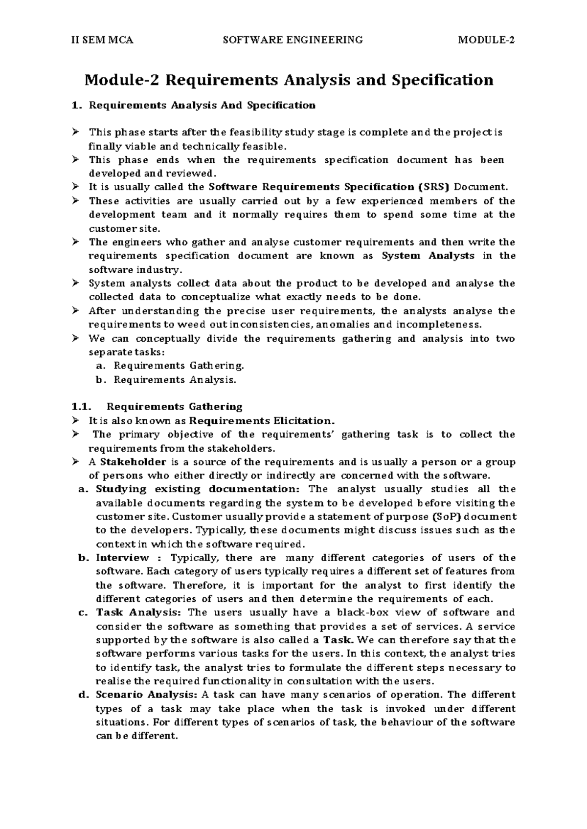 II SEM MCA SOFTWARE ENGINEERING - Requirements Analysis & Specification ...