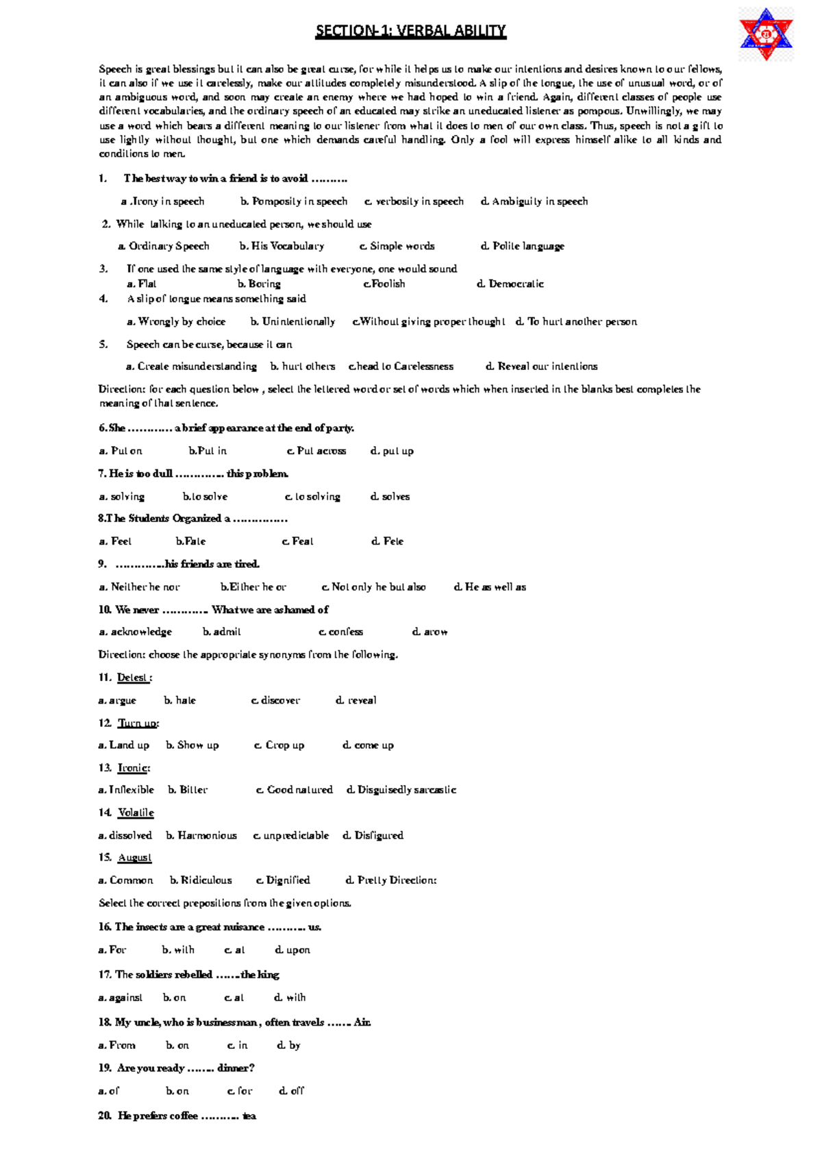 Final Paper - Verbal & Quantitative Ability Practice (Course Code: P100 ...