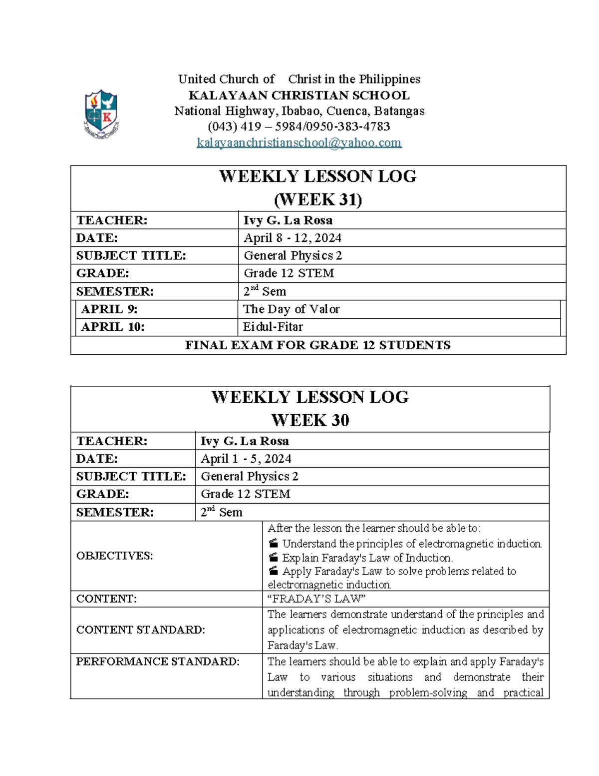 WLL Gen Phys 2 Lesson Plan by Ivy G. La Rosa (Weeks 22-31) - Studocu