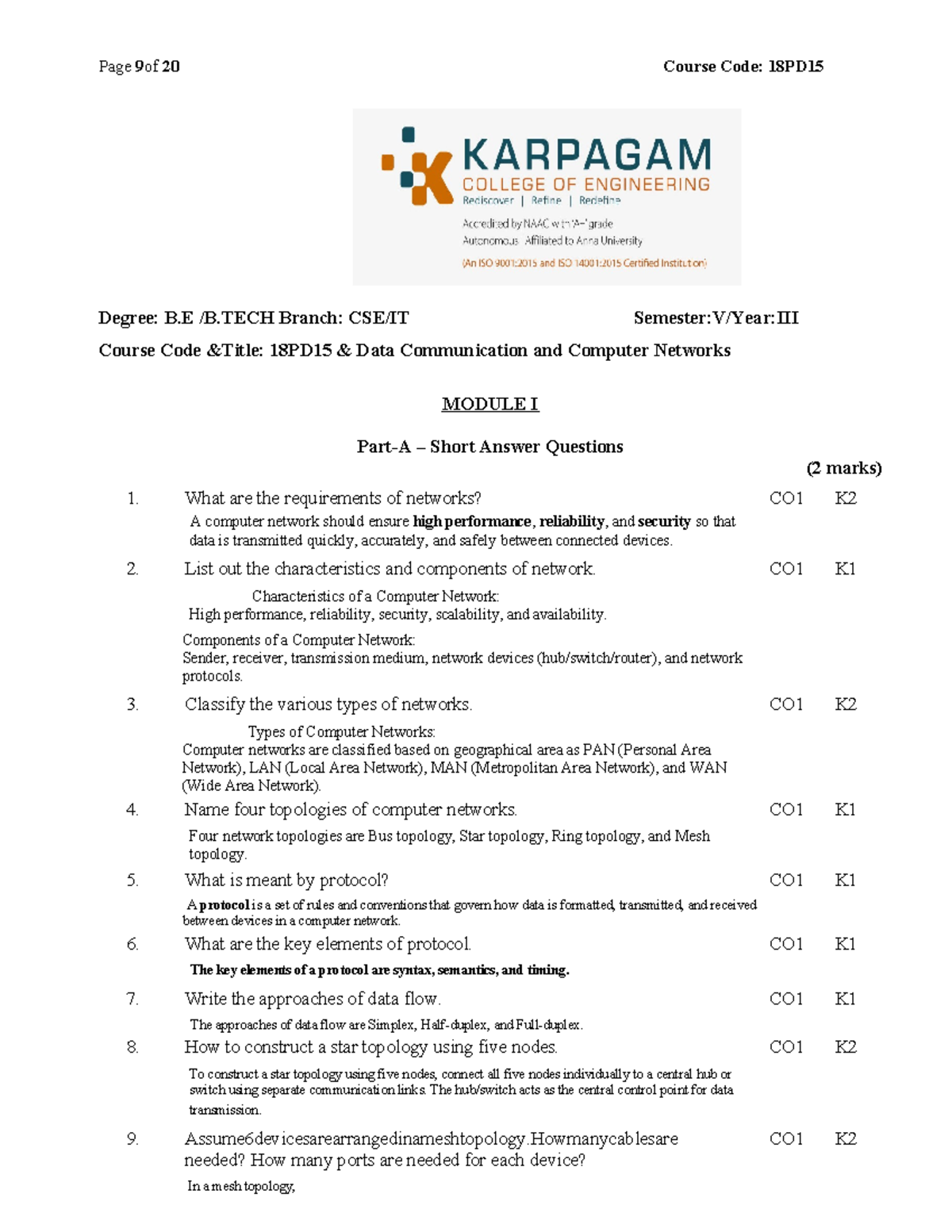 Data Communication and Computer Networks - Short Answer Questions ...