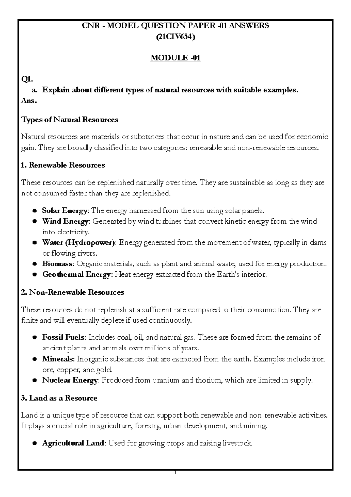 CNR MODEL QUESTION PAPER ANSWERS (21CIV654) - Natural Resources ...