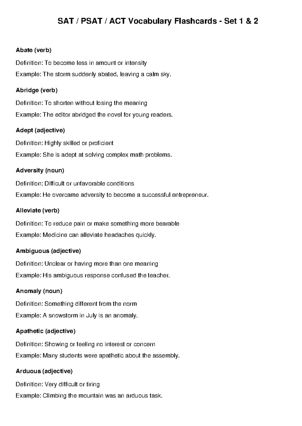 SAT PSAT ACT Vocabulary Flashcards Set 1 & 2 - Studocu