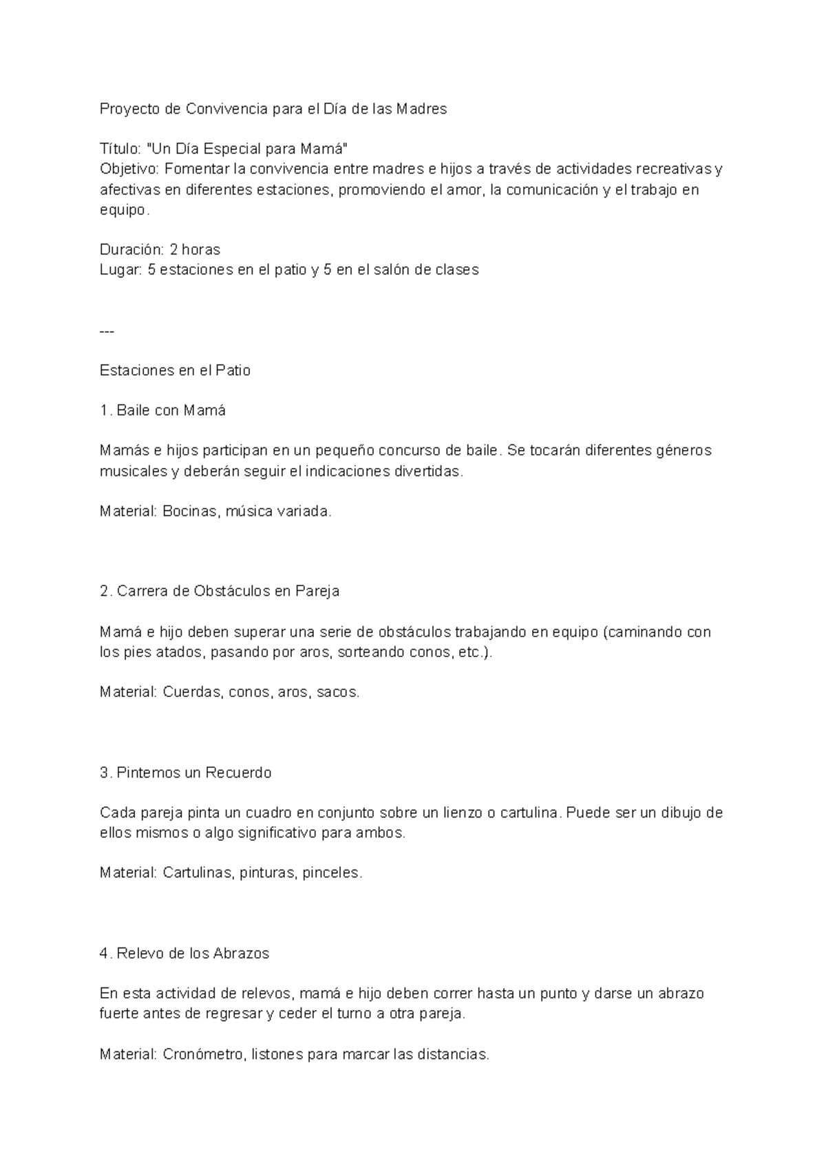 Proyecto Escolar: Actividades para el Día de las Madres - Studocu