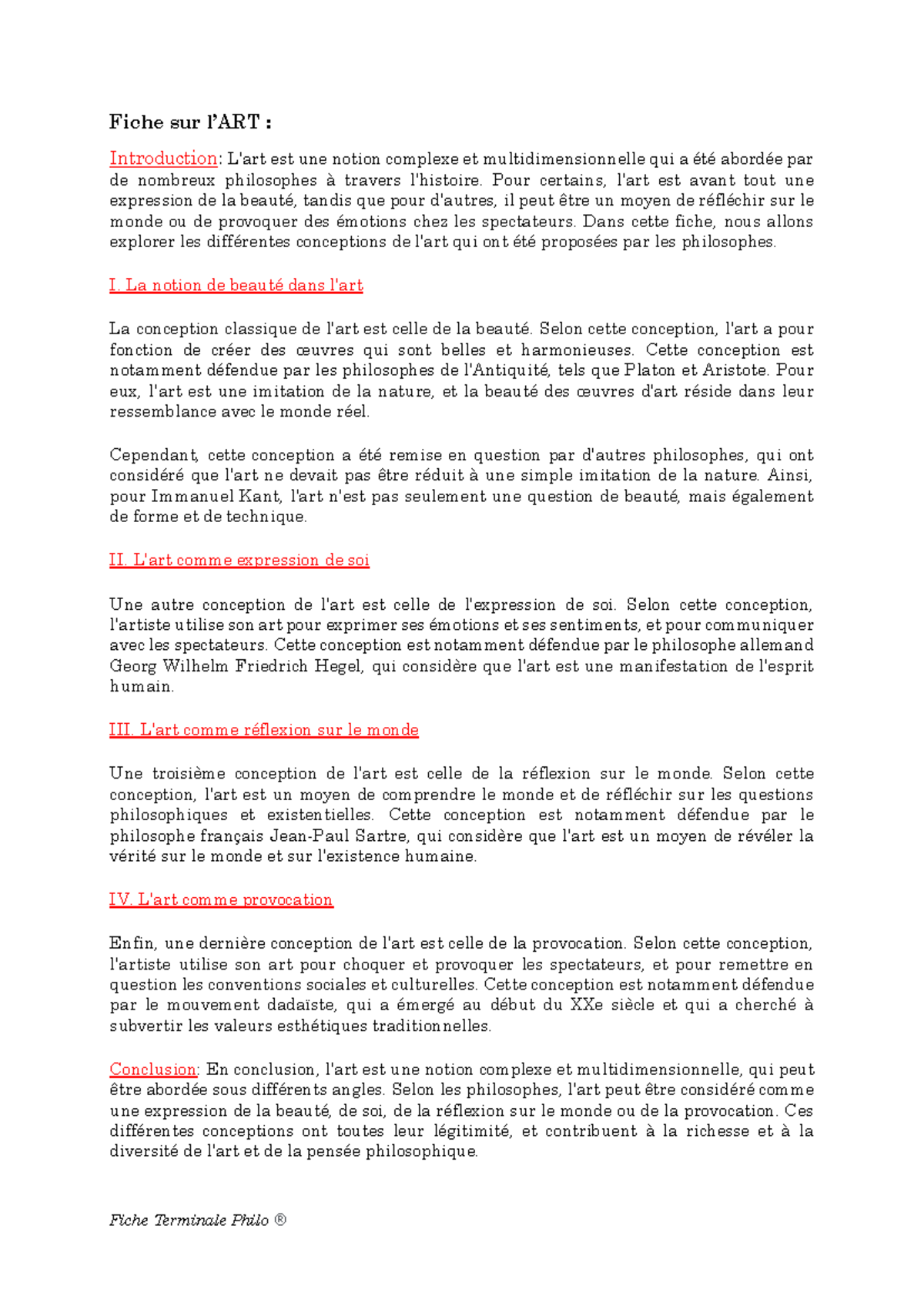 ART - Fiche Terminale sur les Conceptions de l'Art en Philosophie - Studocu