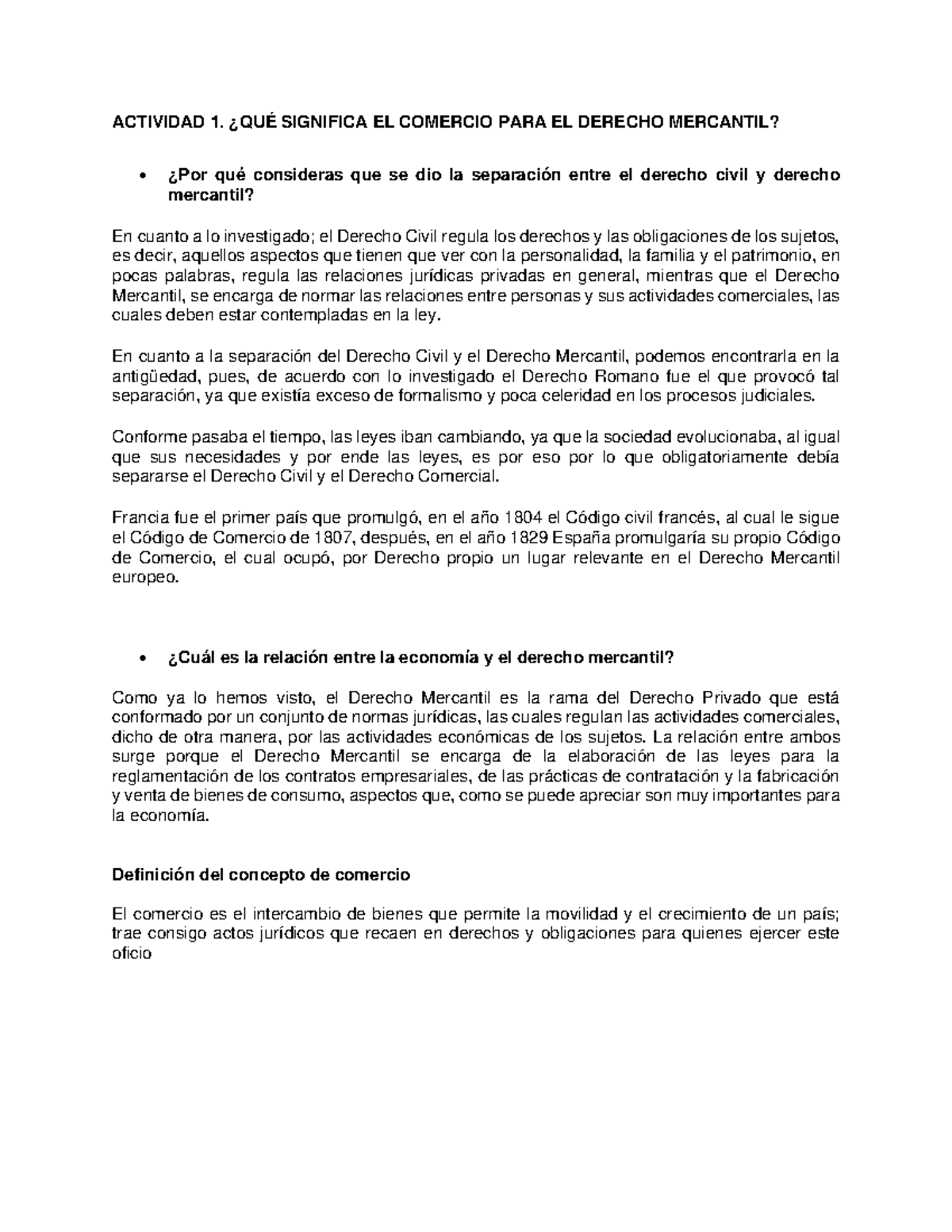 QUÉ Significa EL Comercio PARA EL Derecho Mercantil - ACTIVIDAD 1. ¿QUÉ ...