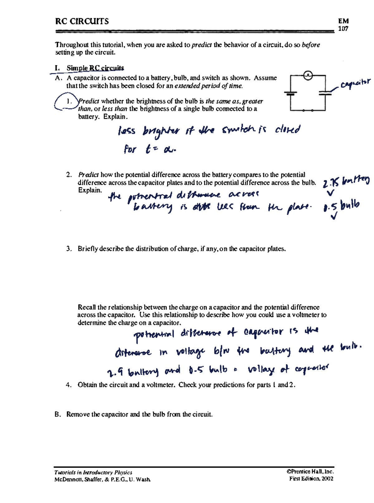 EM 107 RC Circuits Tutorial - Understanding Capacitor Behavior - Studocu