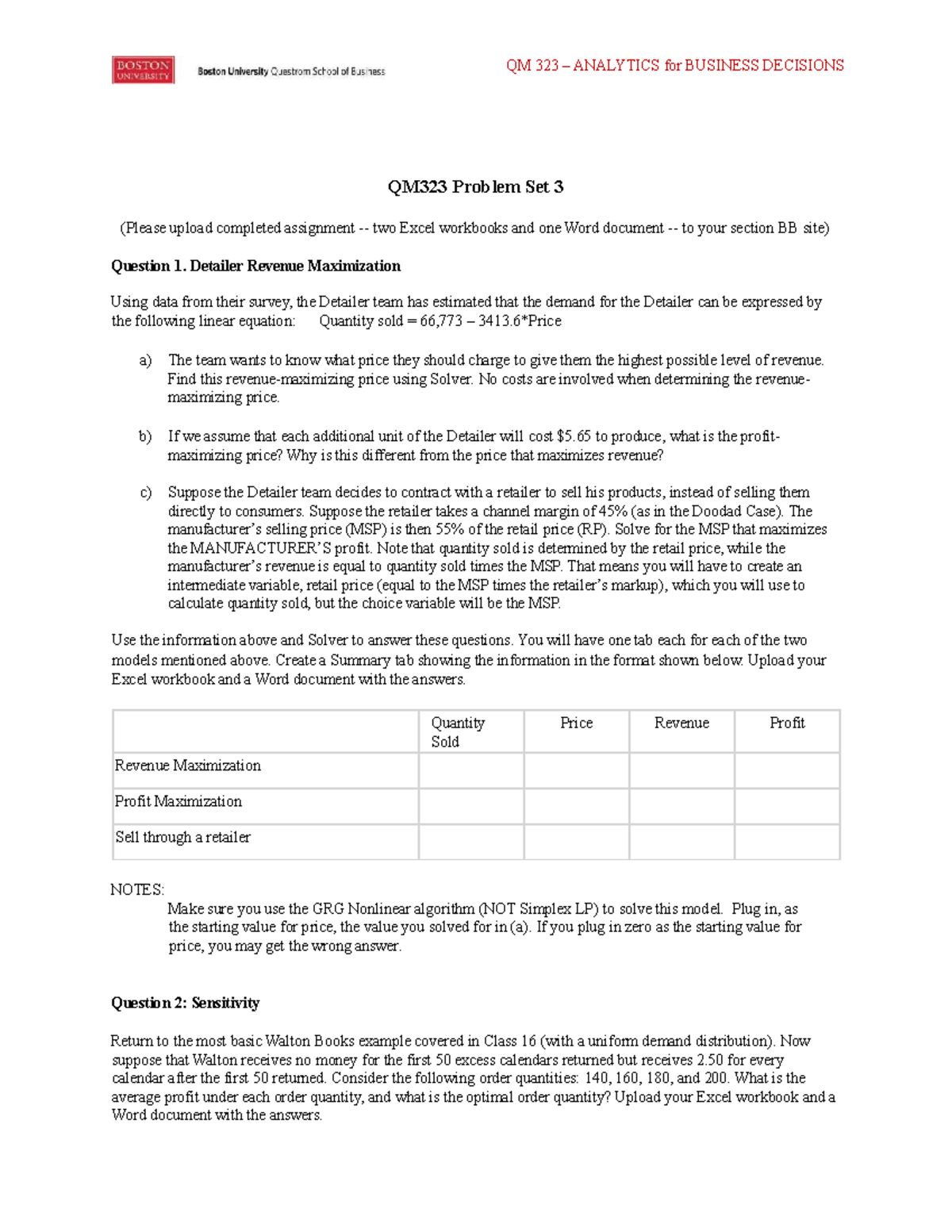 QM 323 Problem Set 3: Revenue & Profit Maximization Analysis - Studocu