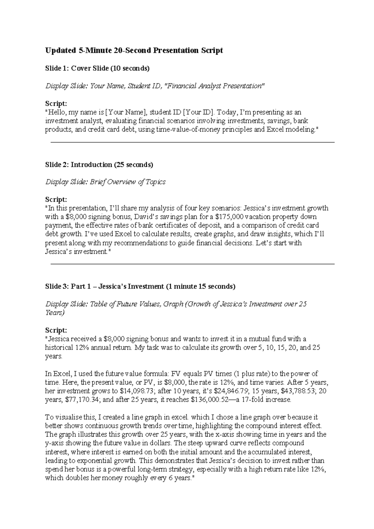 Financial Analyst Presentation Script: Investment Scenarios & Insights ...
