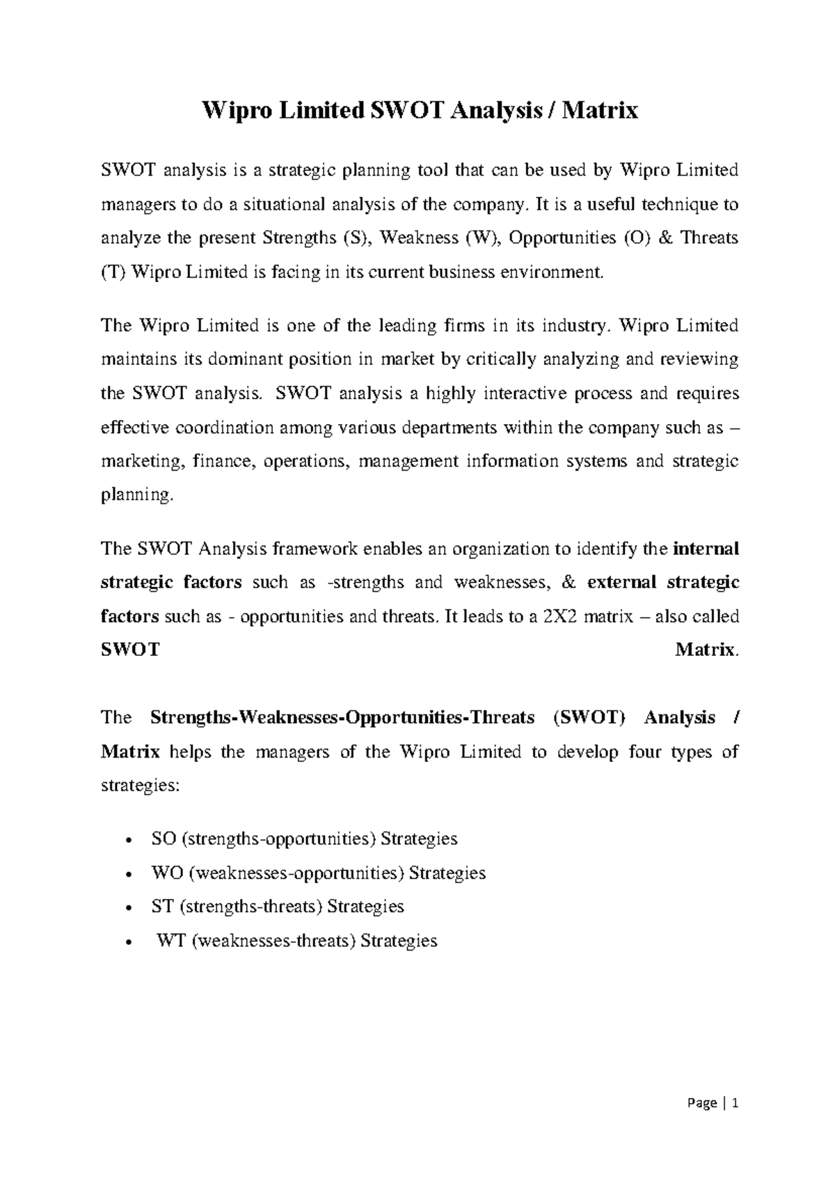 WIPRO SWOT Analysis: Strategic Insights and Limitations Matrix - Studocu