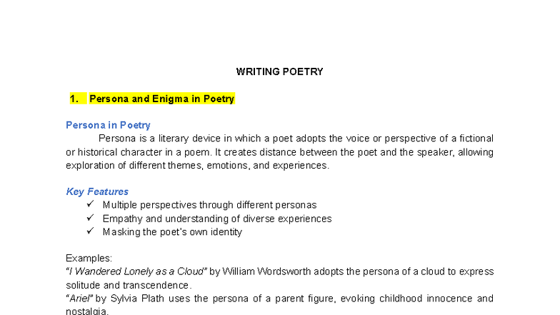 WRITING POETRY 1: Persona, Enigma, and Imagery Lecture Notes - Studocu