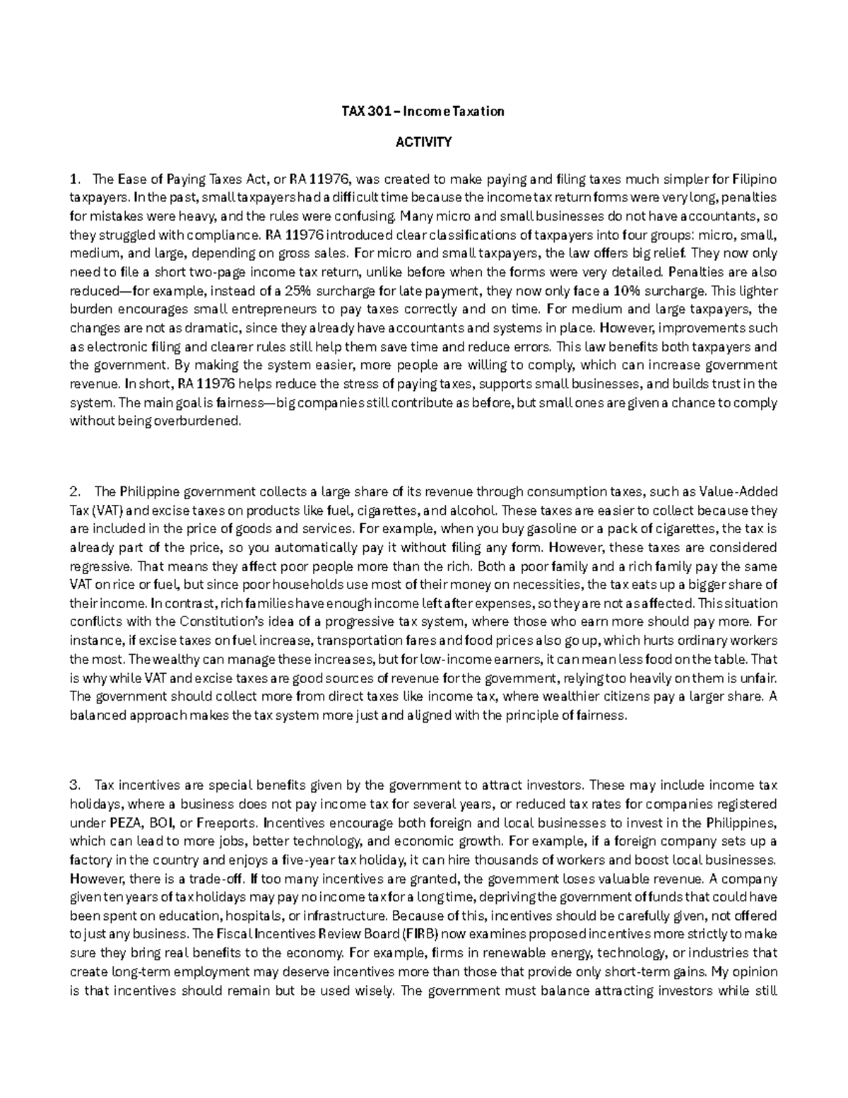 TAX 301 Income Taxation Activity - Insights on RA 11976 and Taxation ...