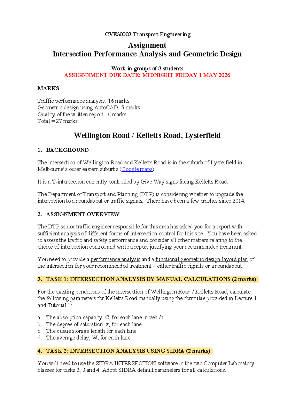 CVE30003 Transport Engineering Assignment: Intersection Analysis ...