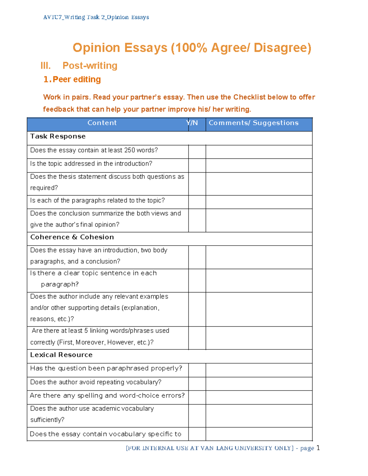 AVTC7 Writing 3 - Task 2 Opinion Essay Guidelines & Peer Review - Studocu