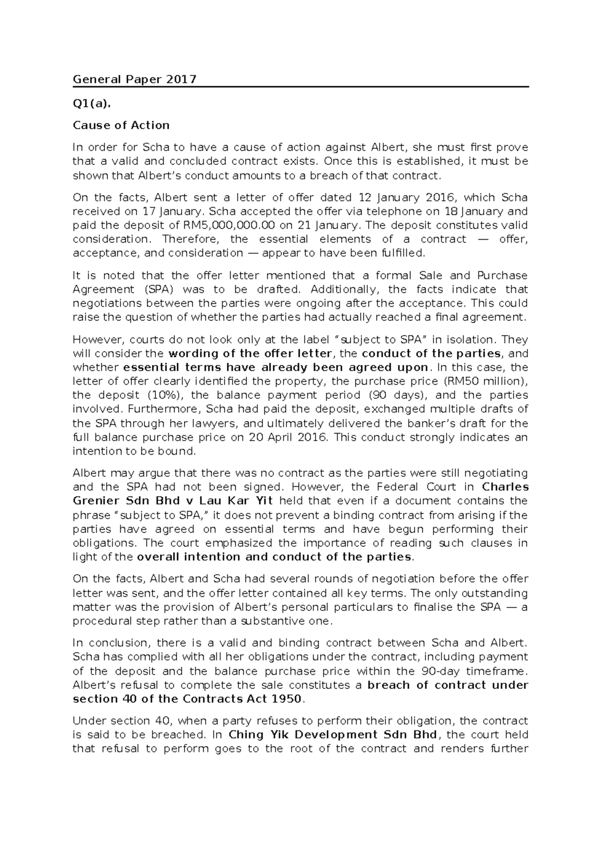 General Paper 2017: Cause of Action and Breach of Contract Analysis ...