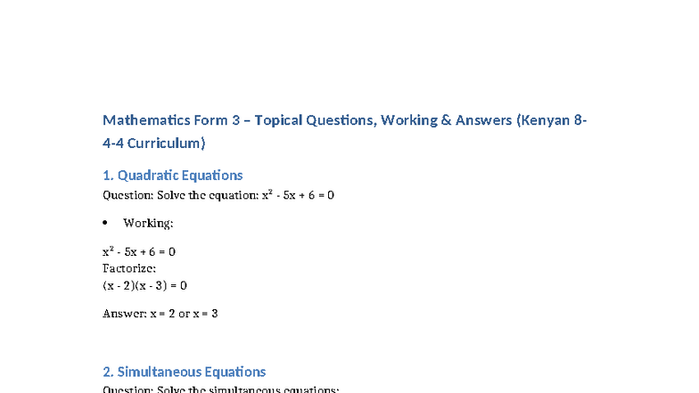 Form 3 Math Topical Questions & Working Answers (Kenyan Curriculum ...