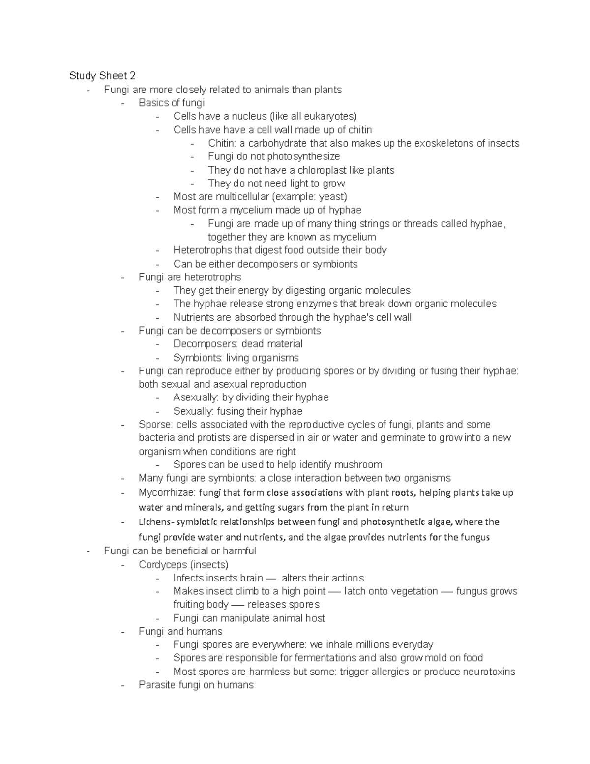 Fungi and Plant Biology: Study Guide for BIO 101 Final Exam - Studocu