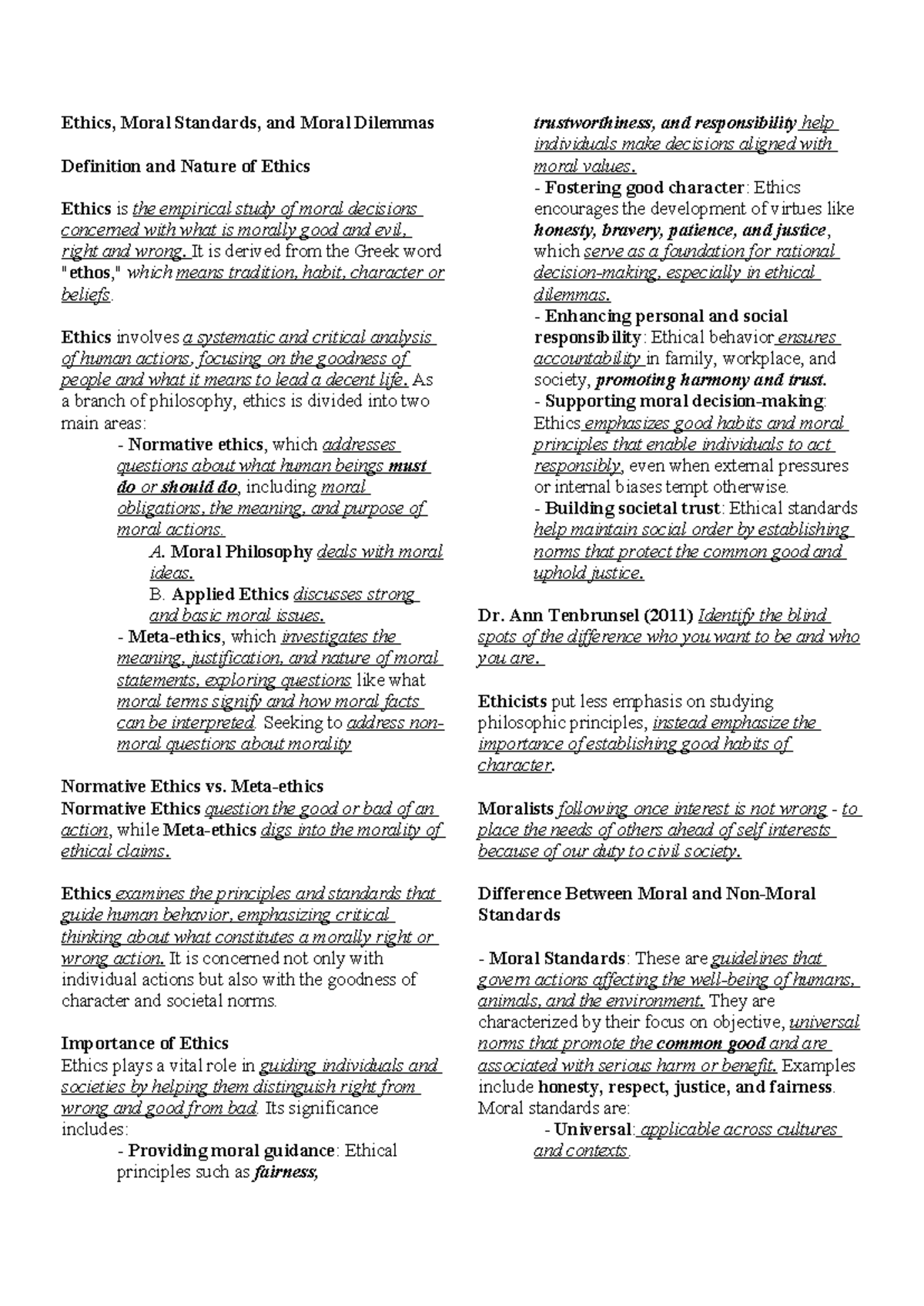 Quiz Review: Ethics, Moral Standards, and Dilemmas (PHIL 101) - Studocu