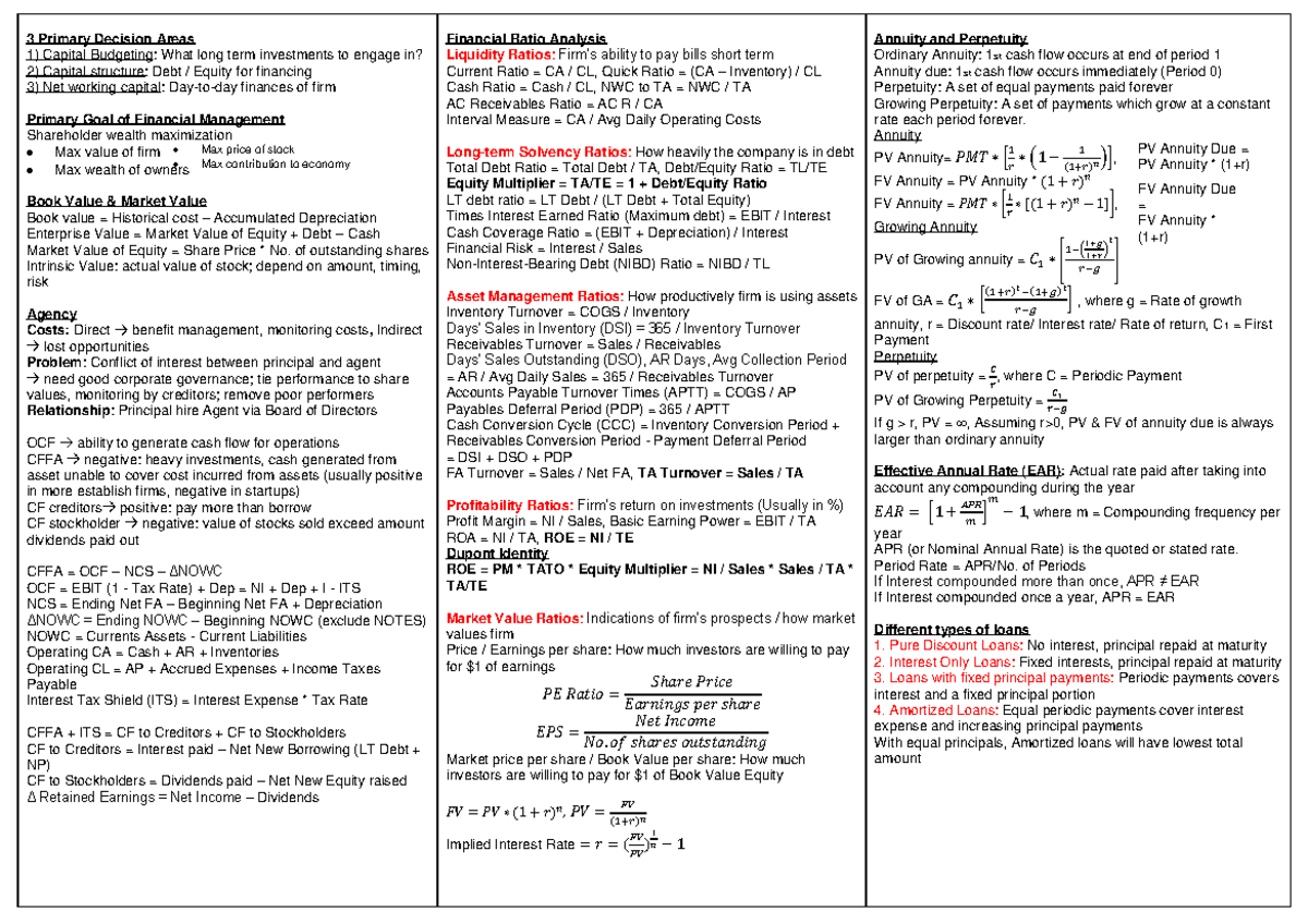 Midterms cheatsheet - ddd - 3 Primary Decision Areas 1) Capital Budgeting: What long term - Studocu