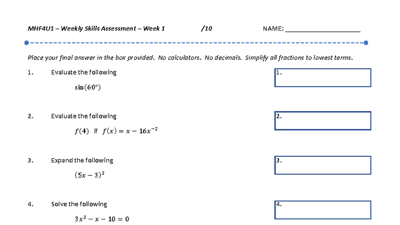 MHF4U1 Weekly Skills Assessment Practice Questions - Studocu