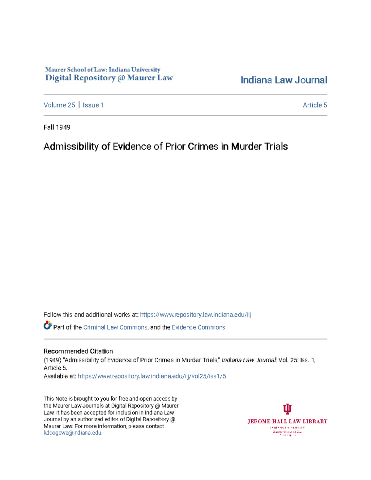 Admissibility of Evidence of Prior Crimes in Murder Trials - Indiana ...