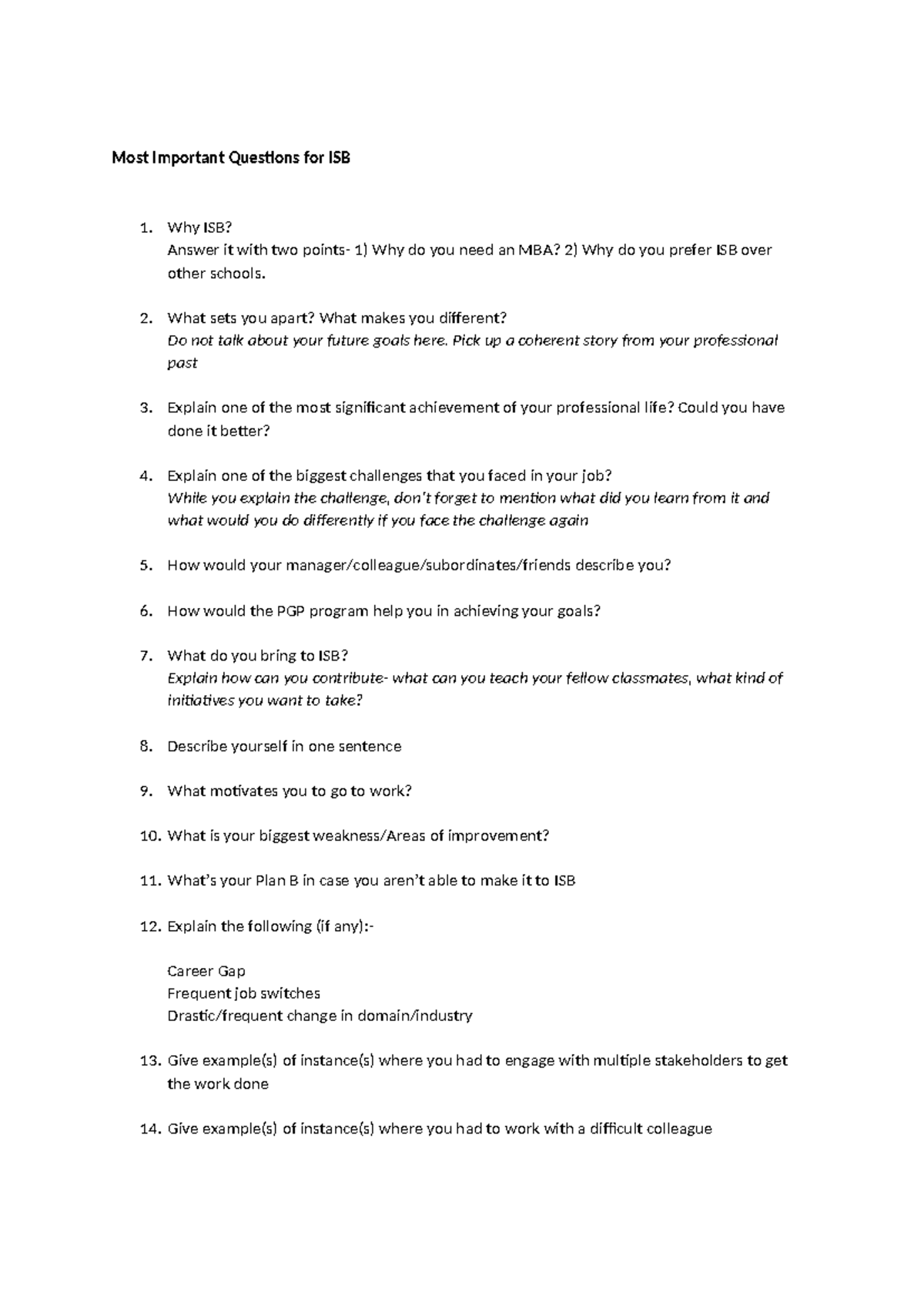 38 Essential Questions for ISB Interview Preparation - Studocu