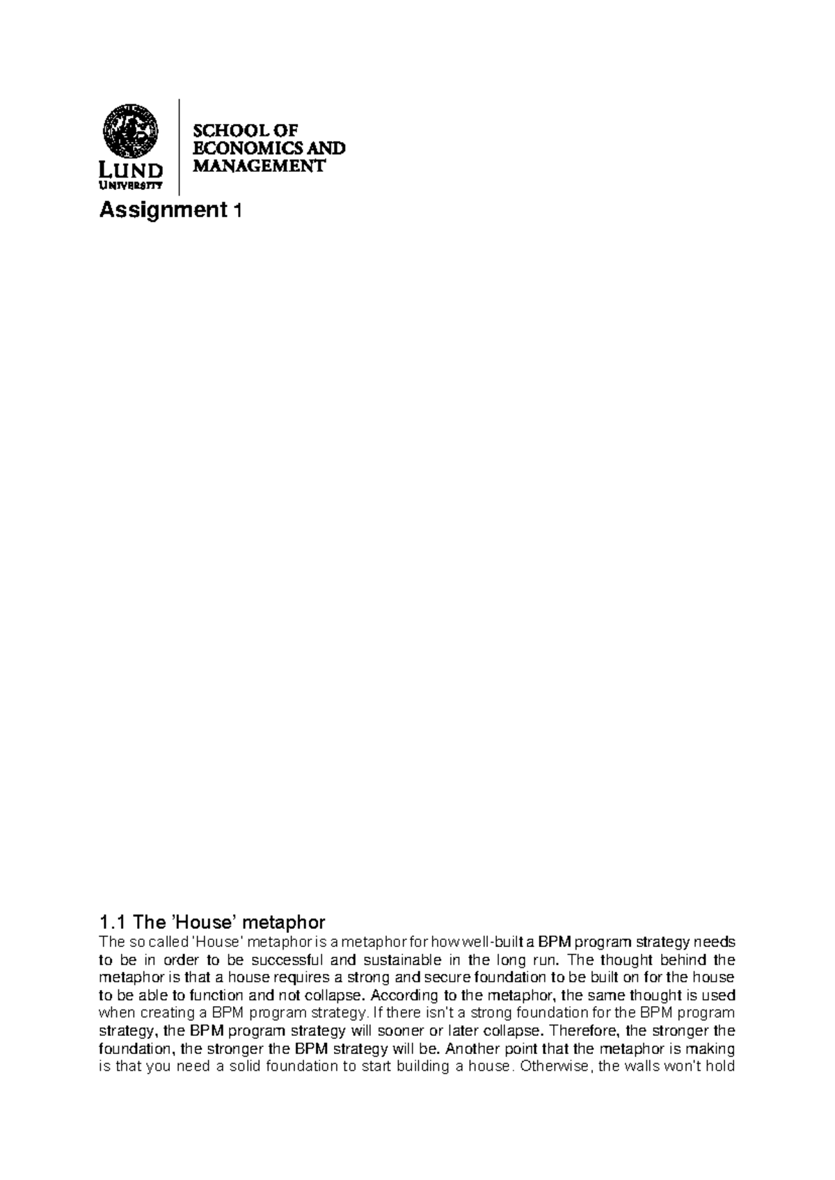BPMN Assignment 1: Understanding the 'House' Metaphor in BPM Strategies ...