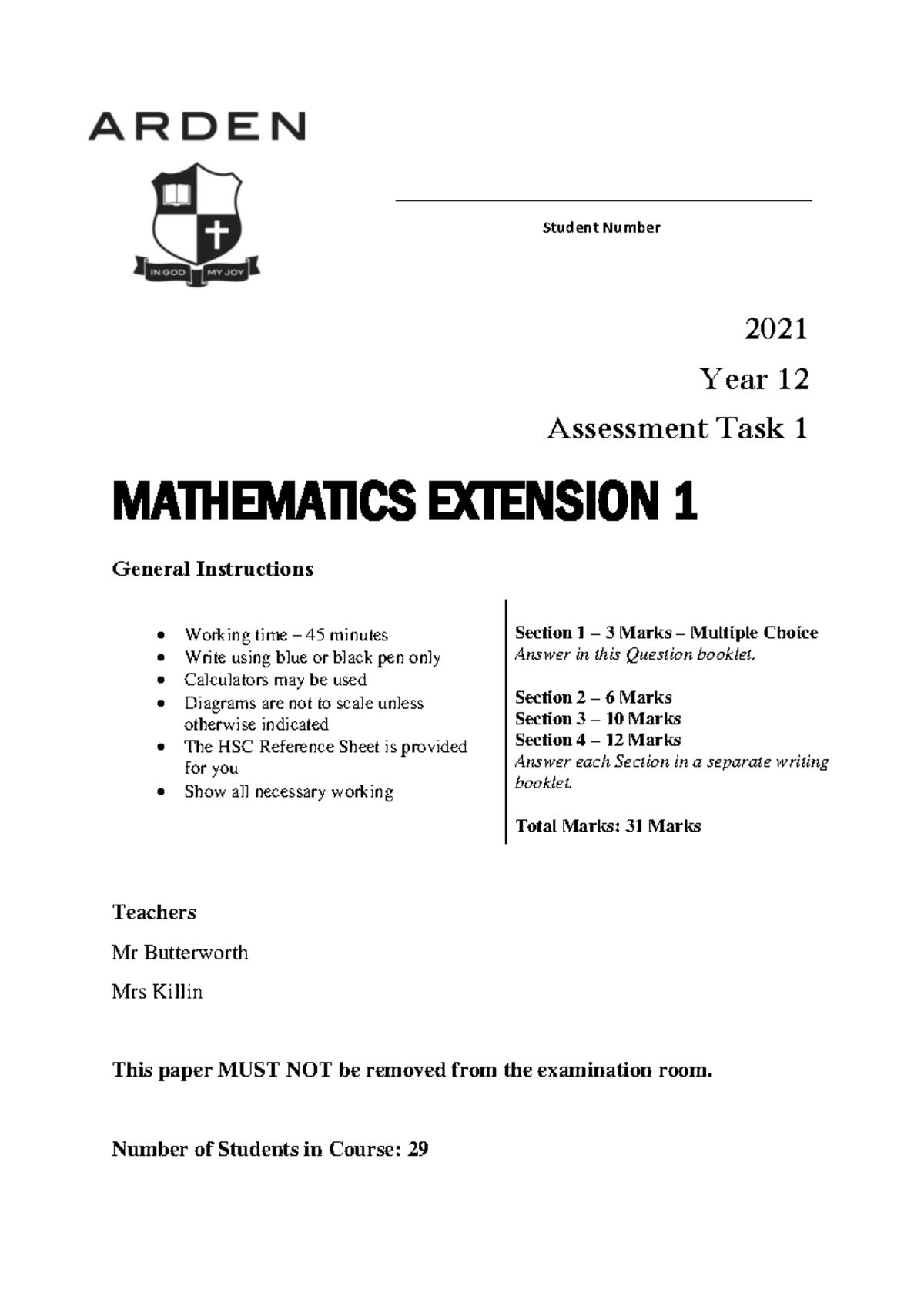 2021 Year 12 Mathematics Extension 1 Assessment Task 1 - Studocu