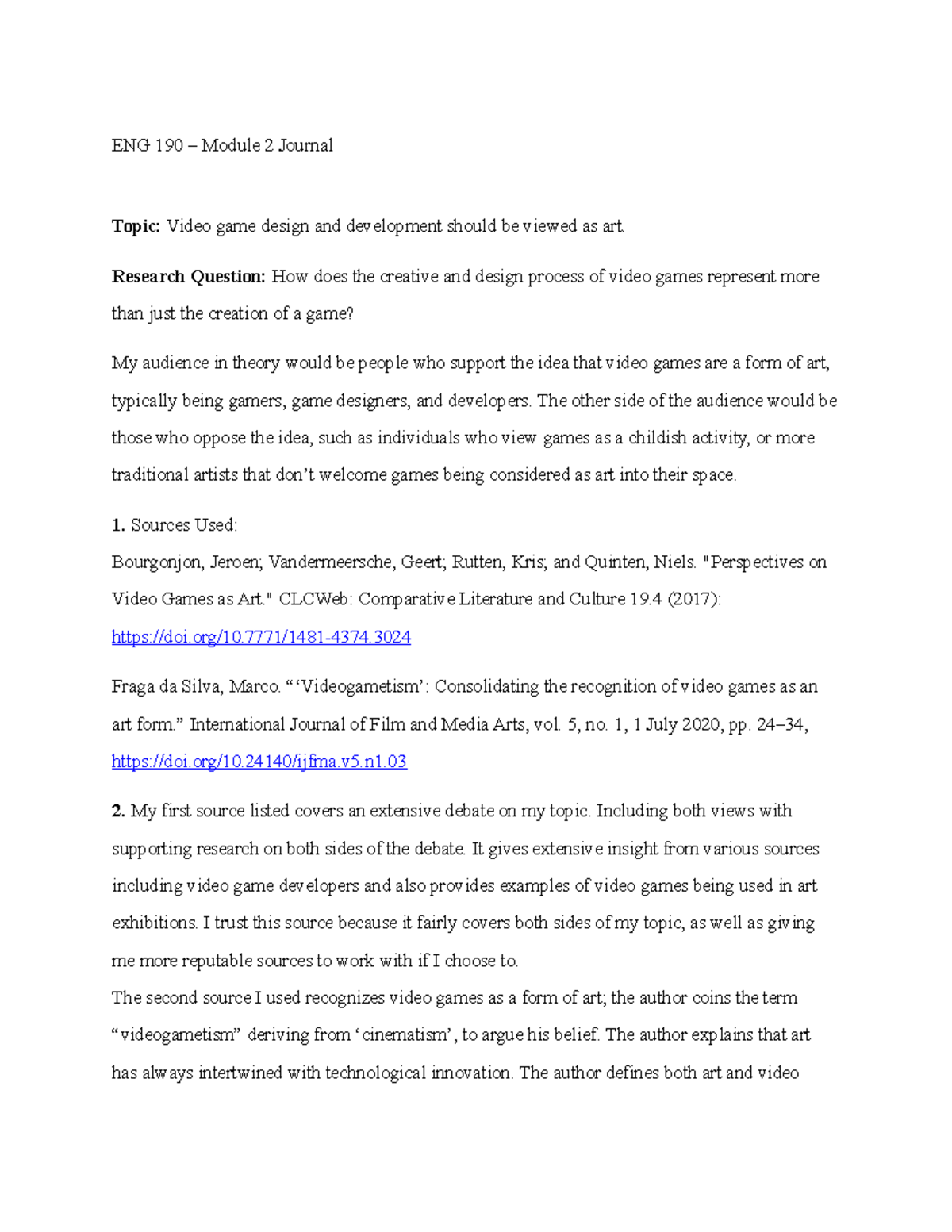 ENG 190 Module 2 Journal: Video Games as Art in Design - Studocu