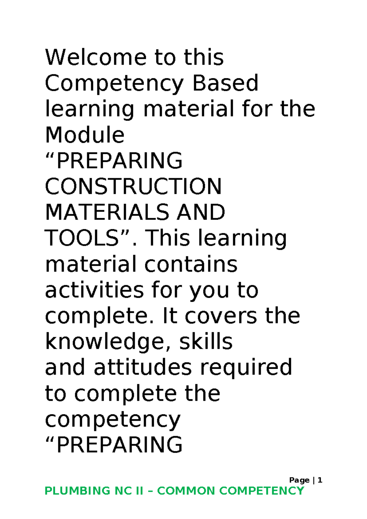 CBLM for Plumbing NC II: Preparing Construction Materials & Tools - Studocu