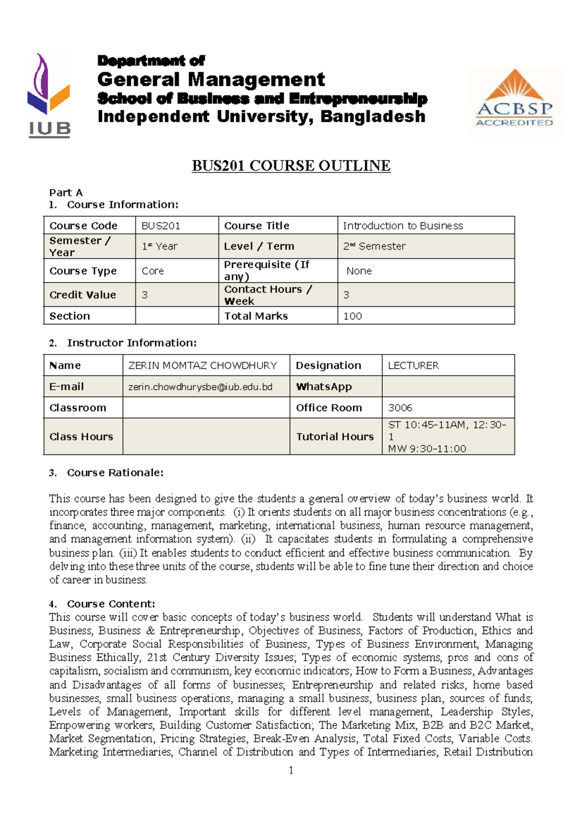 BUS201 Course Outline: Introduction to Business - 1st Year, 2nd ...