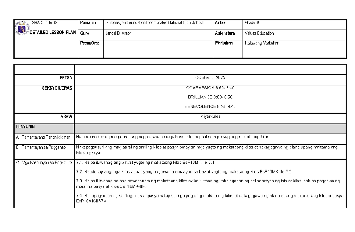 Arabit ESP 10 Detailed Lesson Plan: Makataong Kilos & Moral Choices ...