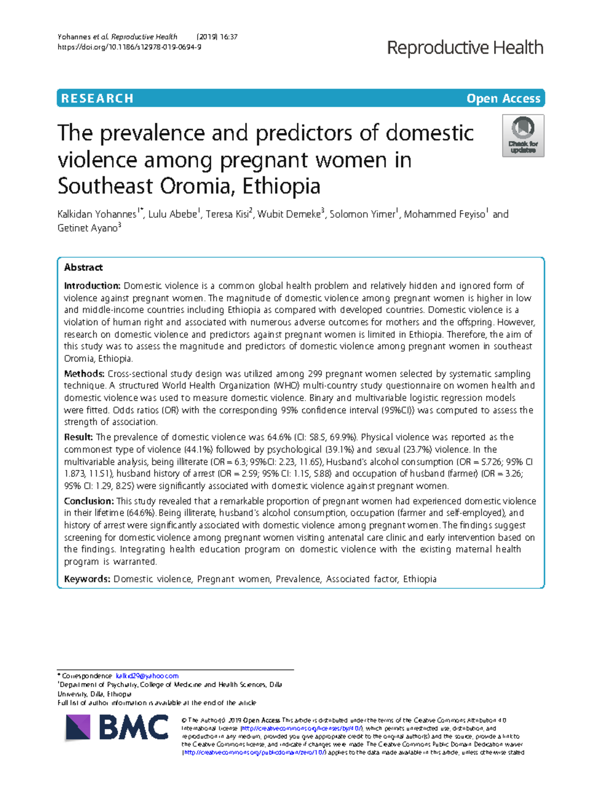 Prevalence and Predictors of Domestic Violence Among Pregnant Women in ...