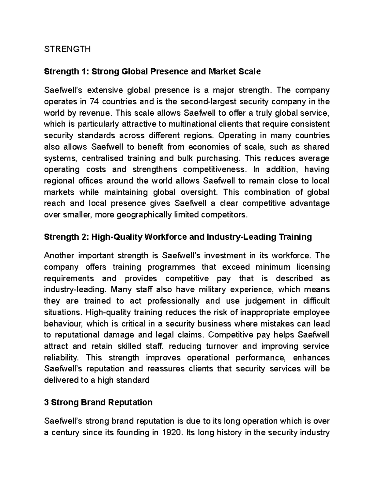 MAF671 Final Exam Notes: Saefwell's Strengths, Weaknesses, and Risks ...