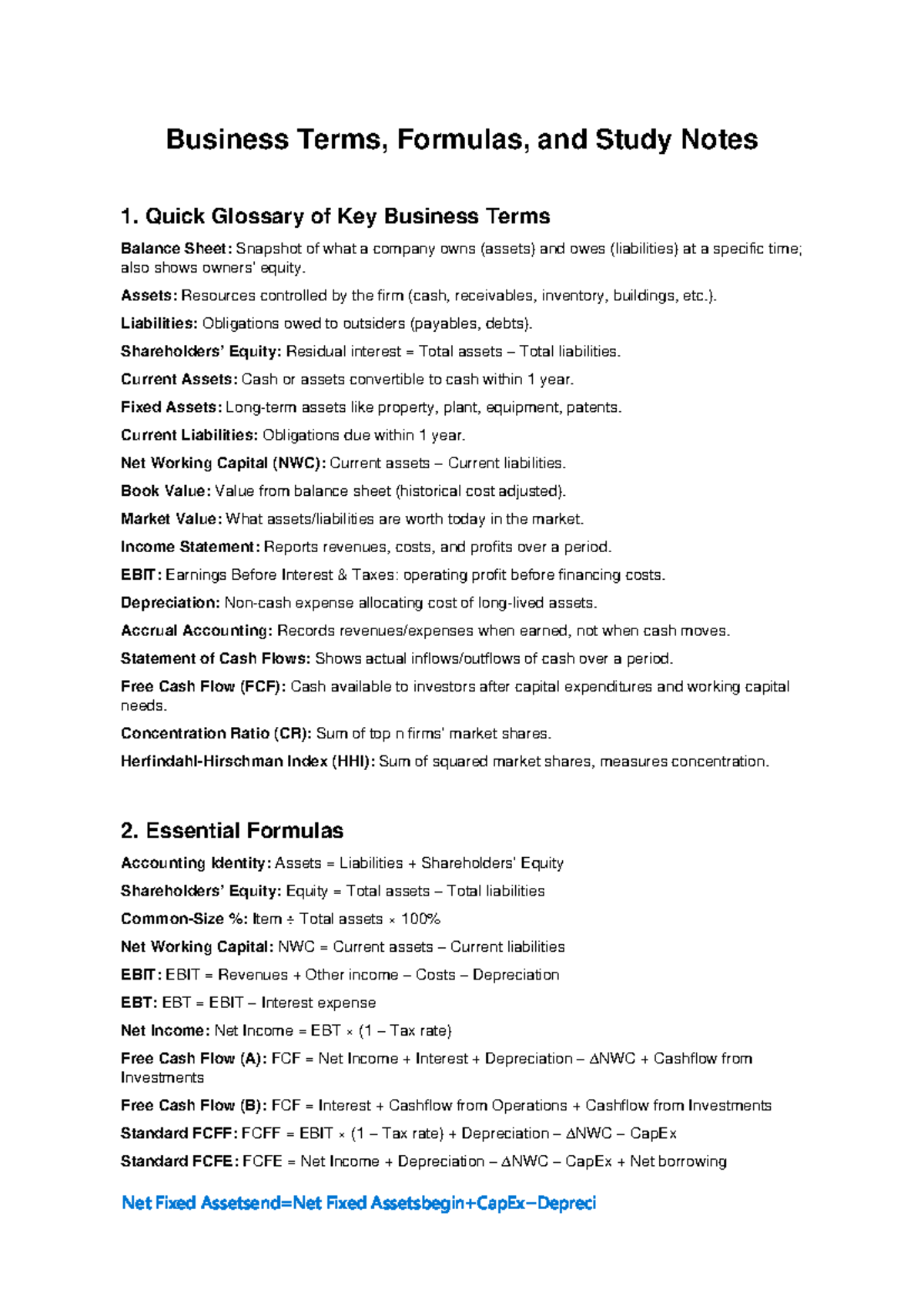 Business Terms and Formulas Study Notes for BIZ 101 - Studocu