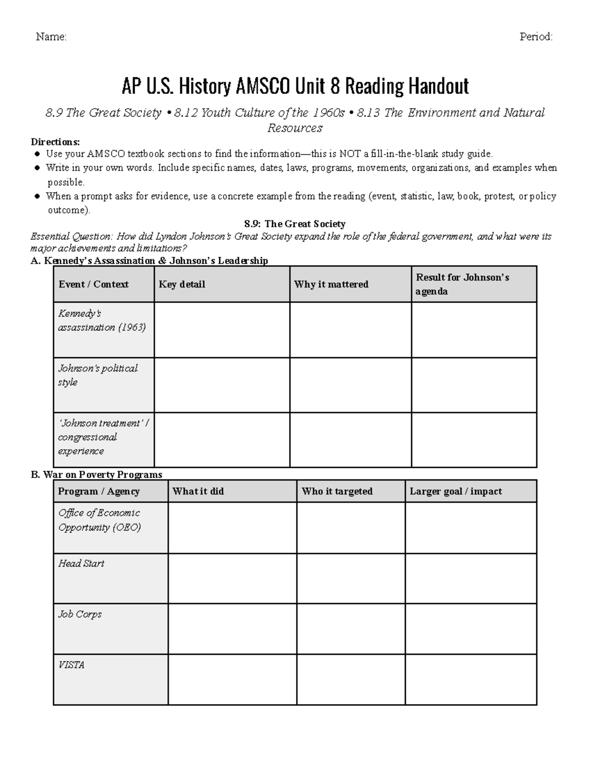 AMSCO AP U.S. History Handout: Units 8.9, 8.12, 8.13 Overview - Studocu