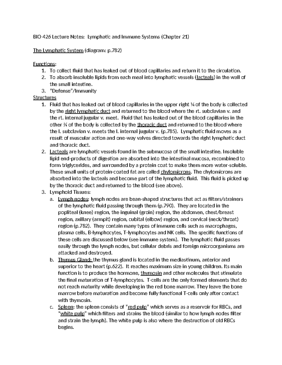 BIO 426 Lecture Notes: Lymphatic & Immune Systems Overview (Ch. 21 ...