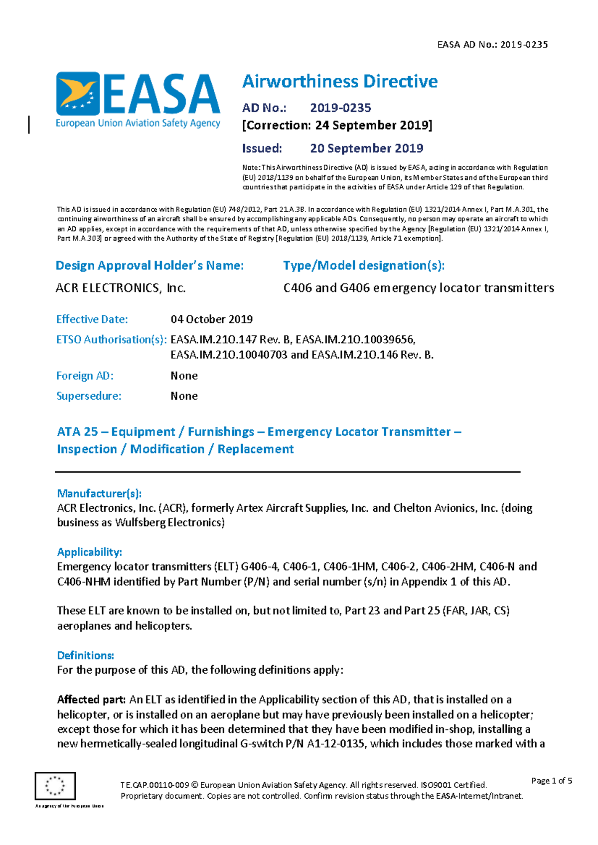 EASA AD 2019-0235: ACR ELT Inspection & Compliance Requirements - Studocu