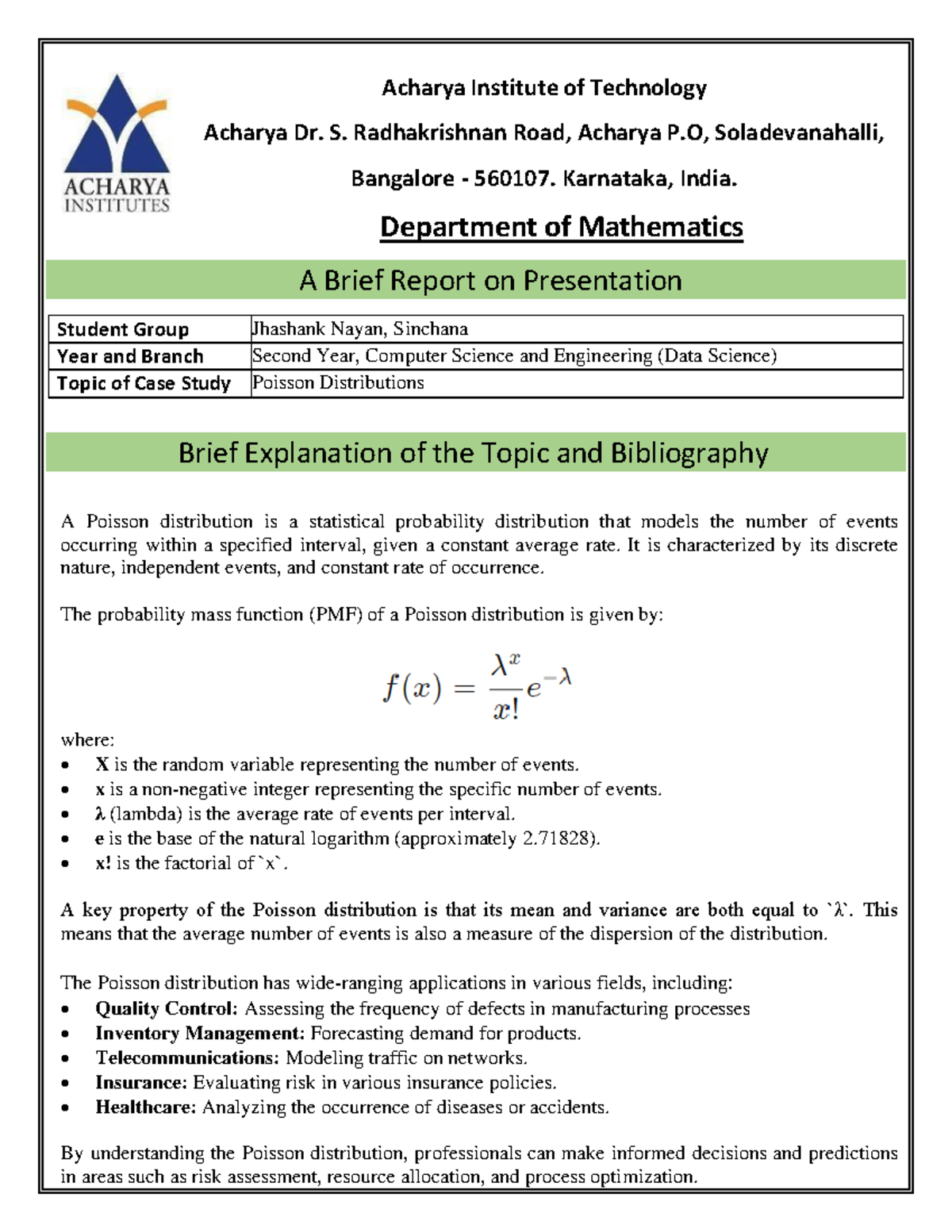 Poisson Distributions Case Study Report - CSE 2nd Year - Studocu