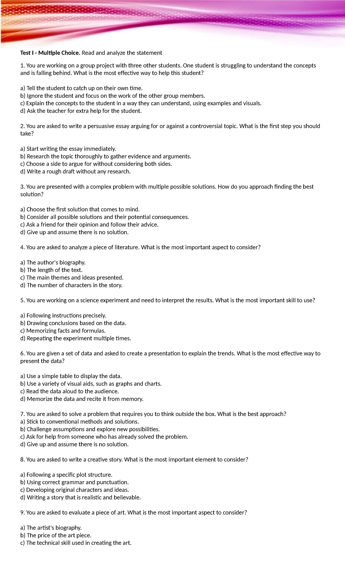Assessment 2 - assignment - Test I - Multiple Choice. Read and analyze ...